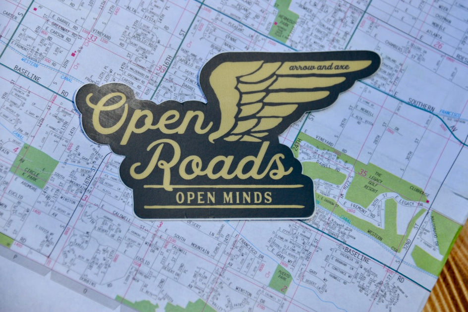 Open Roads, Open Minds Sticker – Arrow & Axe
